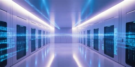 futuristic data center server room with glowing digital code stock