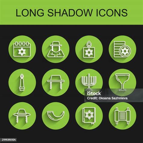 정교회 유대인 모자 전통 숫양 뿔 쇼파르 유대인 달력 토라 책 토라 두루마리 잔 및 하누카 메노라 아이콘을 설정합니다 벡터 공휴일에 대한 스톡 벡터 아트 및 기타 이미지