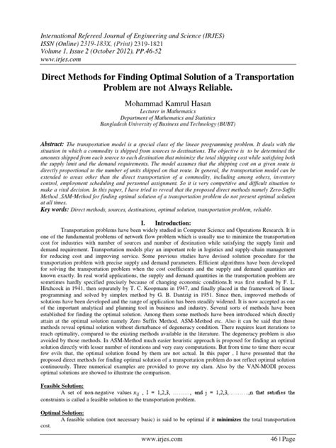 Optimal Solution For The Transportation Problem Pdf Mathematical Optimization Matrix