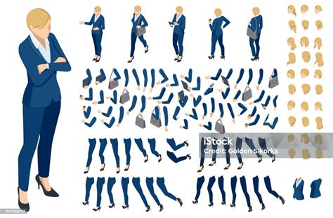 아이소메트릭 금발 머리 여성 캐릭터 생성자 앞면과 뒷면보기 헤어스타일 옷 액세서리 및 가제트 다리 및 팔 움직임에 대한 다양한 옵션 사업가 캐릭터 디자인 캐릭터 템플릿 등측