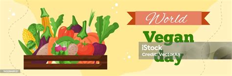 벡터 수평 템플릿 배너 세계 비건 채식의 날 유기농 식품과 건강한 식단의 야채로 인사말 카드 일러스트레이션 이벤트 및 소셜 미디어 전단지 11월에 대한 스톡 벡터 아트 및