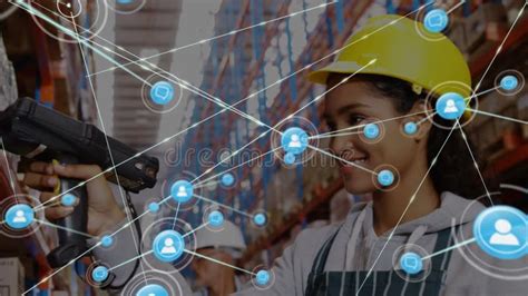 Animation Of Network Of Connections With Icons Over Caucasian Male Worker In Warehouse Stock