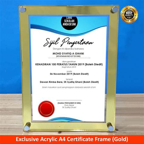 5143 Acrylic A4 Size Certificate Frame Gold Itrophy