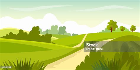 만화 시골 초원 풍경 들판에 풀과 나무가 있는 푸른 목초지 초원을 통해 지평선으로 가는 시골 차선 도로 여름 농지 파노라마 농장 필드 풍경 벡터 그림입니다 전원 장면에 대한