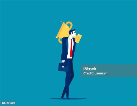 사업가는 우승자를 위해 큰 트로피 컵을 들고 비즈니스 성공 벡터 일러스트 컨셉 Championship에 대한 스톡 벡터 아트 및 기타 이미지 Championship