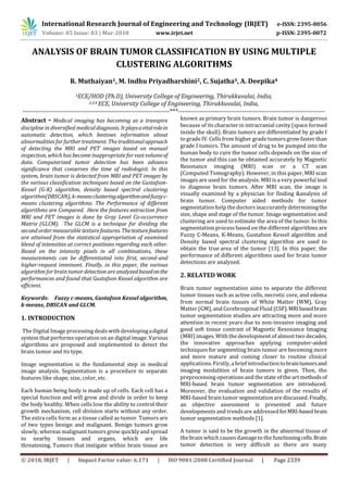 Irjet Analysis Of Brain Tumor Classification By Using Multiple Clustering Algorithms Pdf