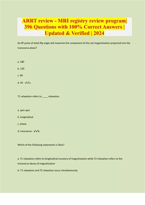 Arrt Review Mri Registry Review Program 396 Questions With 100 Correct Answers Updated