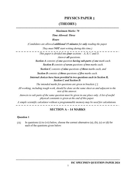 Physics Paper Specimen Paper ISC SPECIMEN QUESTION PAPER
