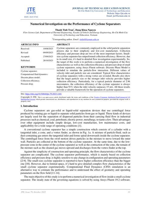 Pdf Numerical Investigation On The Performance Of Cyclone Separators