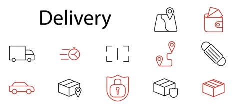 배송 세트 아이콘입니다 트럭 차 꾸러미 지도 위치 스톱워치 노선 보안 자물쇠 보호 선적 기호 논리학 추적 서비스 교통 소포 급사 분포 배달 방향에 대한 스톡 벡터 아트 및