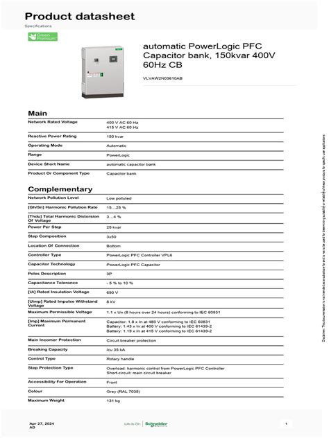 Schneider Electric Powerlogic Pfc Capacitor Banks Iec Vlvaw2n03610ab Pdf Capacitor