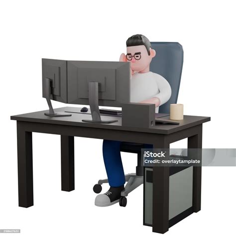 만화 캐릭터 3d 모델 비디오 편집기 디자인 남성 비디오 편집자는 두 대의 컴퓨터가 있는 의자에 앉아 한 손으로 뺨에 대고 피곤한 표정을 짓고 있습니다 프로페셔널