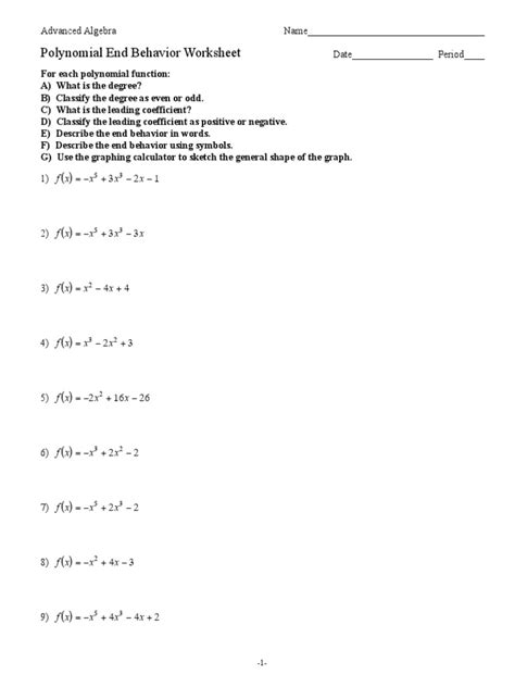 Polynomial End Behavior Worksheet Pdf Worksheets Library