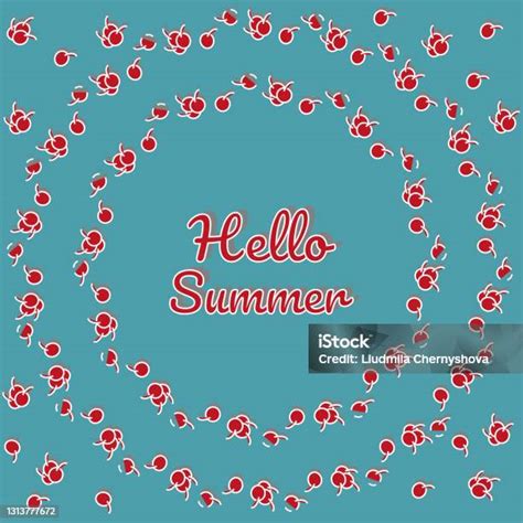 텍스트 안녕하세요 여름과 파란색 배경에 붉은 열매의 화환의 둥근 프레임 선형 스타일 흰색 윤곽선 그림자의 벡터 드로잉 엽서