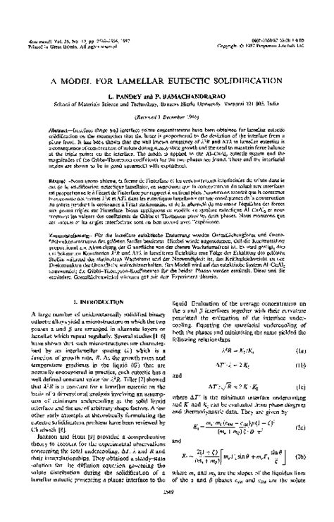 Pdf A Model For Lamellar Eutectic Solidification