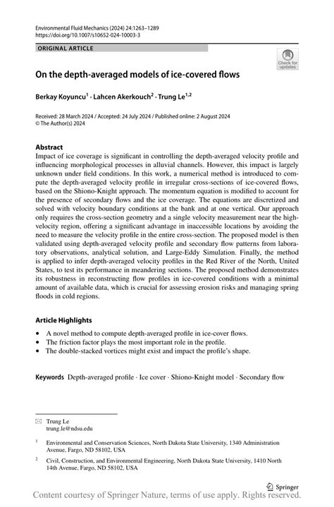 Pdf On The Depth Averaged Models Of Ice Covered Flows