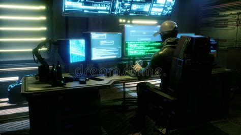A Male Hacker Surrounded By Glowing Monitors Hacks Into Someone Else S