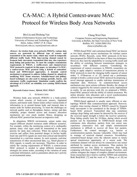 PDF CA MAC A Hybrid Context Aware MAC Protocol For Wireless Body Area Networks