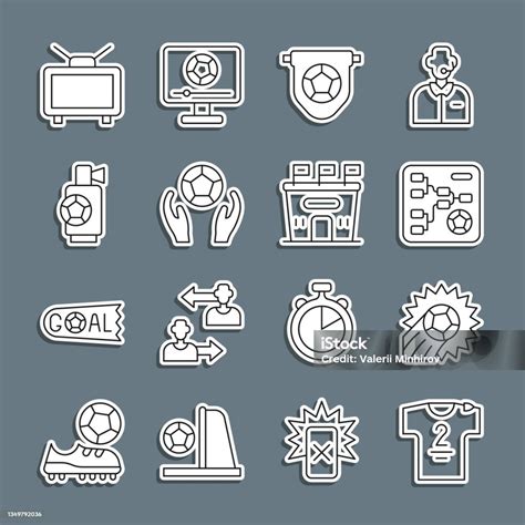 세트 라인 축구 유니폼과 티셔츠 축구 축구 챔피언십 토너먼트 브래킷 플래그 페넌트 에어 혼 경기 Tv 와 경기장 아이콘 벡터 Championship에 대한 스톡 벡터 아트