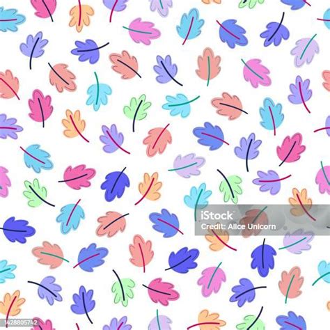 다채로운 나뭇잎이있는 벡터 이음새가 없는 패턴 귀여운 유치한 낙서 스타일 포장지 섬유 벽지에 이상적입니다 트렌디 한 인쇄를위한 추상 템플릿 가을 분위기 가을에 대한 스톡