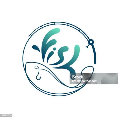 물고기 낚시 대 프레임 원형 모양에서 만든 로고 아이콘 세트 디자인 녹색 및 진한 파란색 그라데이션 색상 그림 물고기 텍스트 물