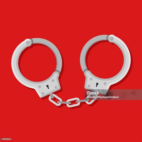 빨간 배경에 범죄자를 구금하기위한 금속 수갑 경찰관의 의상 범죄자 체포의 경찰과 감옥 아이콘의 요소 자유의 제한 손에 족쇄 수갑에 대한 스톡 벡터 아트 및 기타 이미지