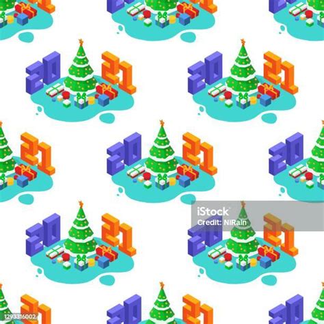 2021 년 새해 복 리 케이 미터 벡터 흰색 배경에 크리스마스 트리와 선물 상자와 원활한 패턴 2021 및 크리스마스 트리