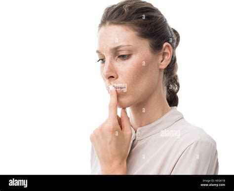 Pensive Young Woman Thinking And Touching Her Lips White Background