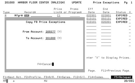Billto File Pricing Exceptions Screen
