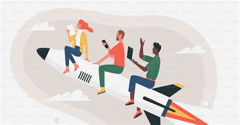 기업가 팀에 의한 스타트업 출시 비즈니스 파트너의 팀워크 만화 사람들은 로켓을 타고 날아오르고 직원들의 플랫 벡터 일러스트레이션에 대한 아이디어 개발 진보 사명