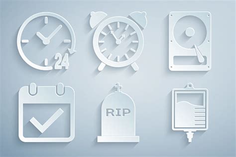 Rip 필기 하드 디스크 드라이브 Hdd 캘린더 확인 마크 Iv 가방 알람 시계 및 시계 24 시간 아이콘으로 삭제 표시를 설정합니다 벡터 시간에 대한 스톡 벡터 아트 및