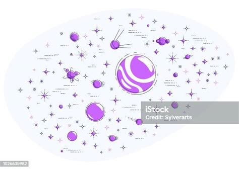 알 수 없는 이상한 알려지지 않은 행성 별 및 다른 요소와 함께 환상적인 갤럭시 아름 다운 공상 과학 소설 우주 탐험 얇은 선 3d 벡터 일러스트 절연입니다 0명에 대한