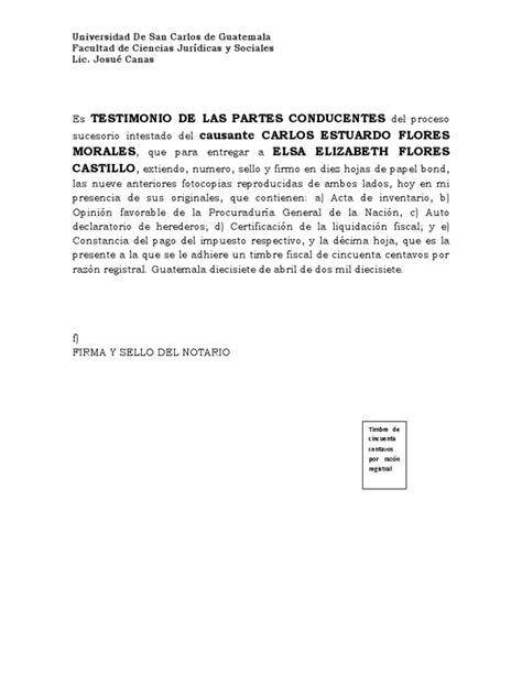 Ejemplo De Testimonio De Las Partes Conducentes De Un Proceso Sucesorio