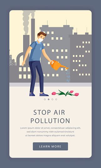 대기 오염 온보딩 앱 화면 템플릿입니다 환경 보호 자연 절약 산업 오염 중지 모바일 방문 페이지 꽃 만화 캐릭터를 급수 하는 남자와 휴대 전화 웹사이트 0명에 대한 스톡