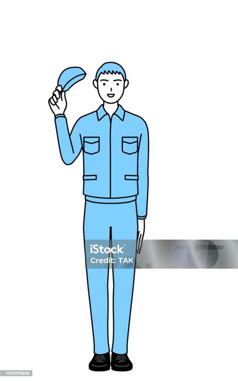 모자를 쓰고 작업복을 입은 남자가 모자를 벗고 서로 인사를 나눈 예의에 대한 스톡 벡터 아트 및 기타 이미지 예의 인사하기