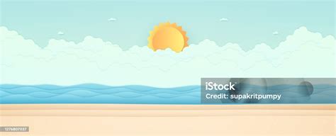 여름 바다 풍경 풍경 해변 구름과 밝은 태양과 푸른 바다 종이 예술 스타일 0명에 대한 스톡 벡터 아트 및 기타 이미지 0명 경관 계절 Istock