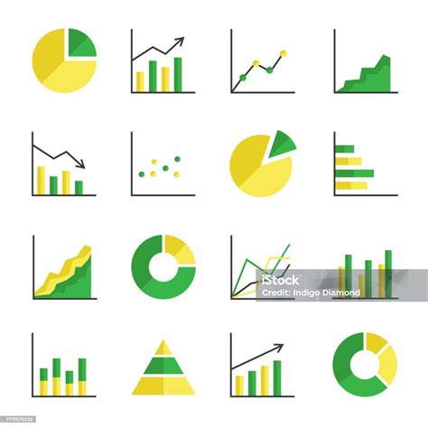 녹색 및 노란색 다이어그램 및 차트 아이콘입니다 추상 그래프 요소의 벡터 집합입니다 데이터 통계 인포그래픽 분석 도구 비즈니스 일러스트레이션 0명에 대한 스톡 벡터 아트 및