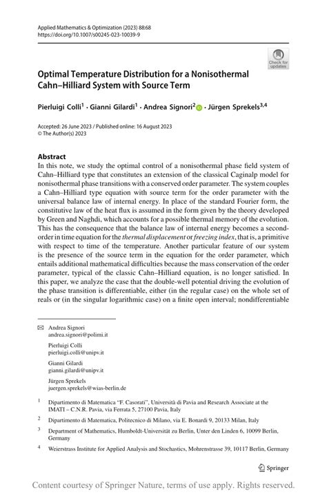 Pdf Optimal Temperature Distribution For A Nonisothermal Cahnhilliard System With Source Term