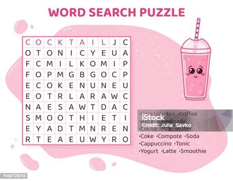 다양한 음료와 단어 검색 퍼즐 아이들을위한 교육 게임 영어 학습 낱말 놀이에 대한 스톡 벡터 아트 및 기타 이미지 낱말 놀이 가로세로 낱말퍼즐 아이 Istock