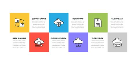 인포그래픽 디자인 템플릿입니다 데이터 공유 클라우드 검색 클라우드 보안 다운로드 플로피 디스크 클라우드 데이터 아이콘 6가지