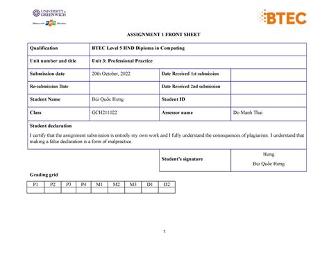 Greenwich 1622 Assignment 1 Work By Bùi Quốc Hưng Assignment 1 Front Sheet Qualification Btec