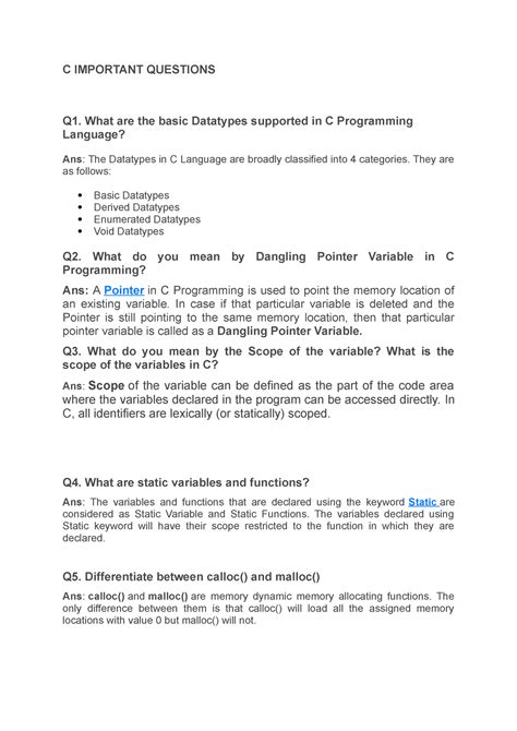 C Important Questions C Important Questions Q1 What Are The Basic Datatypes Supported In C