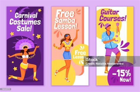 브라질 카니발 전단지 플랫 벡터 템플릿 세트 무료 삼바 레슨 인쇄 가능한 전단지 디자인 레이아웃 축제 의상 판매 지타르 코스