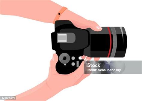 사진 카메라와 손 1인칭 시점입니다 자신의 사진에 대한 공간을 복사합니다 디지털 사진 카메라 광고 배너 포스터 카드에 대한 사진을 만들기 개념에 대한 스톡 벡터 아트 및