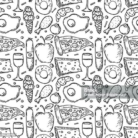 원활한 음식 패턴 음식 배경 음식 아이콘이 있는 낙서 벡터 일러스트 레이 션 과일에 대한 스톡 벡터 아트 및 기타 이미지 과일 꽃 식물 낙서 드로잉 Istock