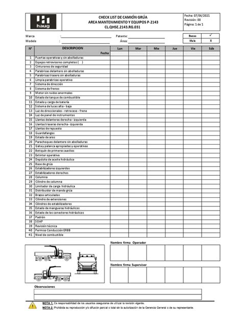 Cl Qhse2143rg031 Check List Camion Pluma Pdf