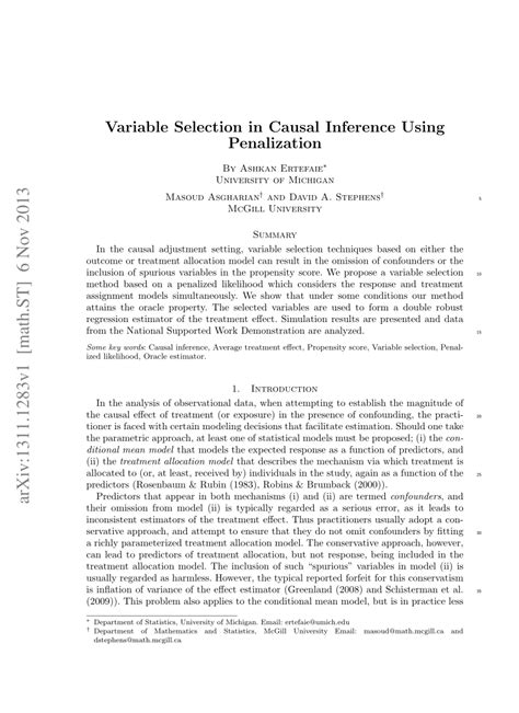Pdf Variable Selection In Causal Inference Using Penalization