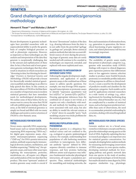 Pdf Grand Challenges In Statistical Genetics Genomics Methodology