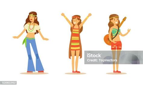 아름다운 히피 여자 세트 복고풍 옷 만화 벡터 일러스트를 입고 행복한 젊은 여성 캐릭터 벡터에 대한 스톡 벡터 아트 및 기타