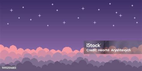 복고풍 플랫포머 스타일의 별이 빛나는 하늘에 곱슬곱슬한 구름의 8비트 픽셀 아트 일러스트레이션 픽셀 아트에 대한 스톡 벡터 아트